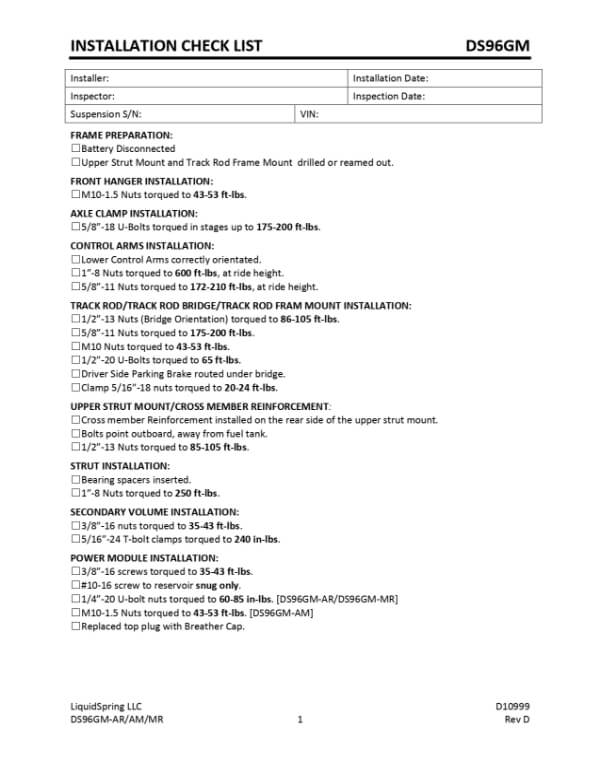 Installation Checklist - LiquidSpring LLC